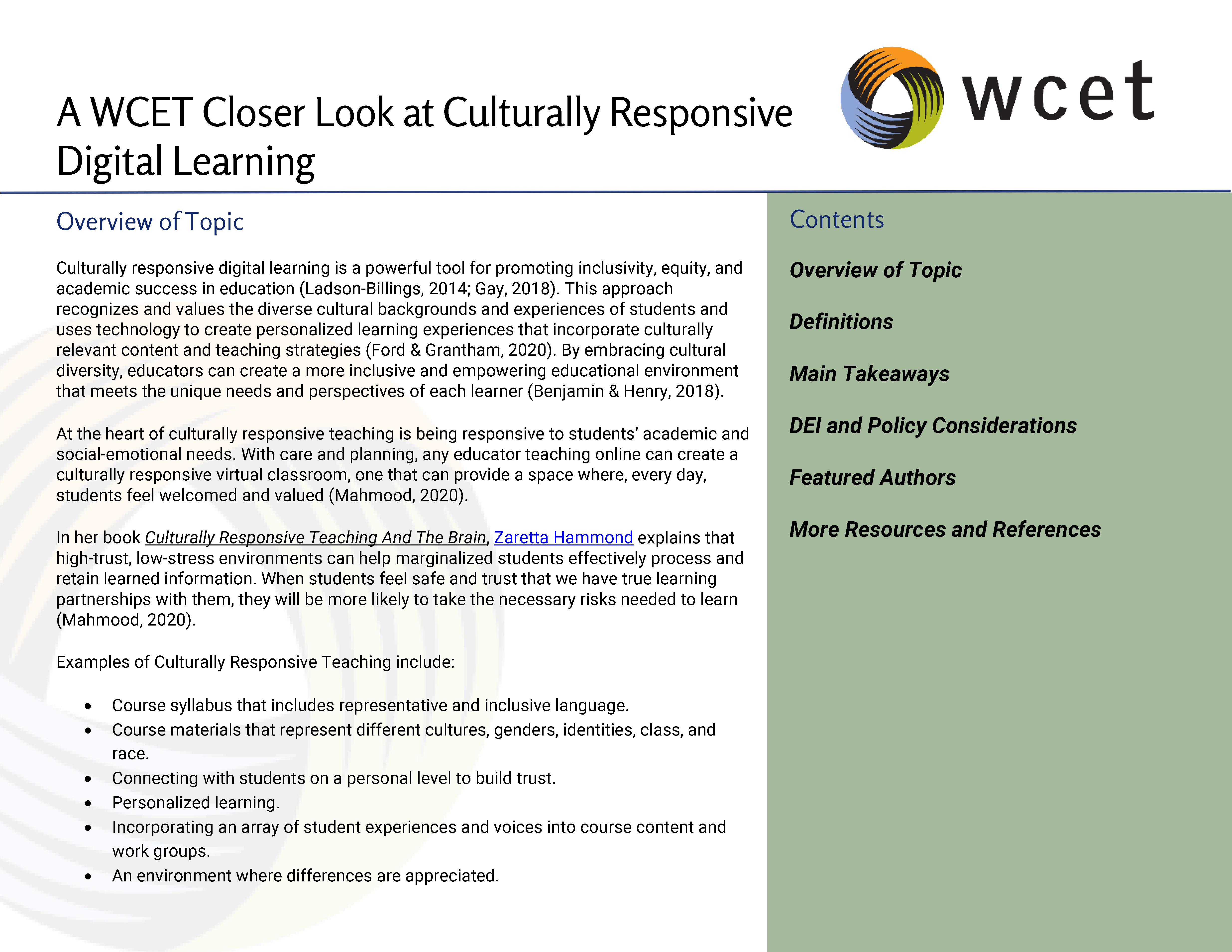 WCET Closer Look - Culturally Responsive Digital Learning - WICHE Cooperative for Educational ...